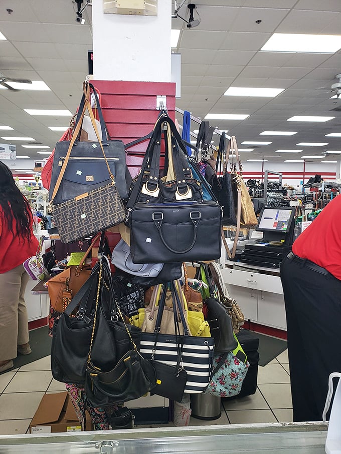 Handbag heaven where designer labels hide among everyday totes—retail detective work with potentially fabulous rewards.