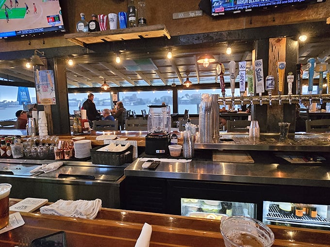 A well-stocked bar with a water view – because seafood tastes better when you can see where it came from while you're eating it.