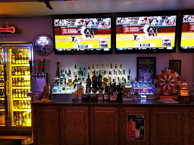 The bar's impressive lineup isn't showing off—it's simply prepared for whatever celebration or consolation your team might require.