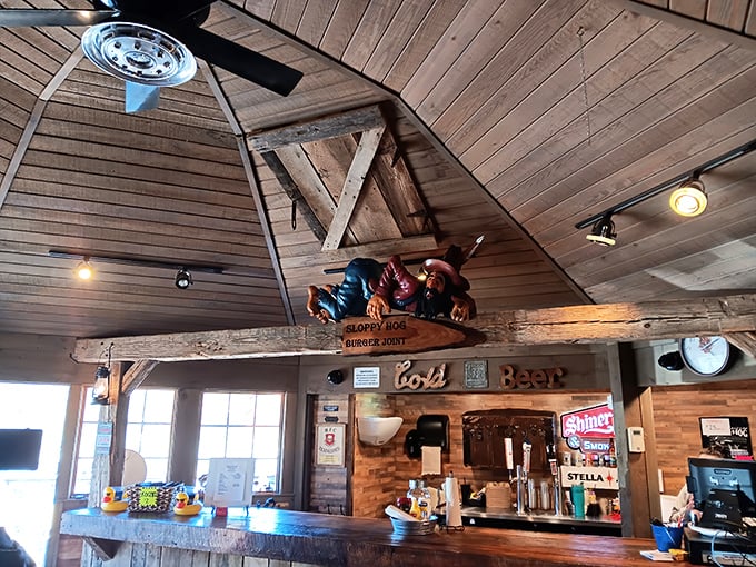 High ceilings and wooden beams create that "converted barn" vibe where calories don't count and diet plans go to die happy deaths.