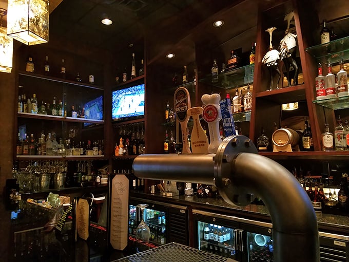 A well-stocked bar area where craft meets comfort—gleaming taps and shelves lined with spirits promise libations for every palate.