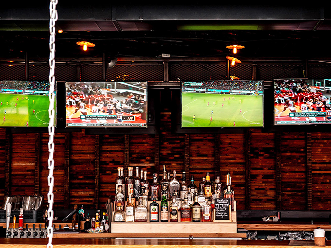 Sports on the screens, spirits on the shelves—Walter's bar area proves BBQ and bourbon is America's most underrated power couple.