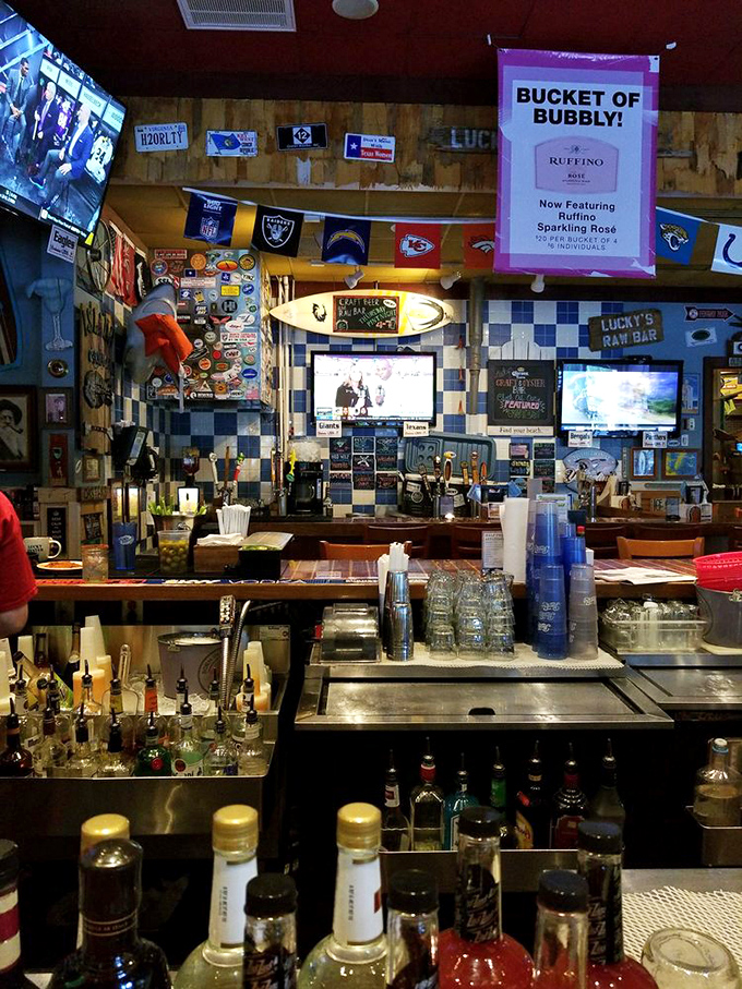 The bar's wall of memorabilia forms a visual history of good times, each pennant and photo frame a chapter in Lucky Oyster's story.