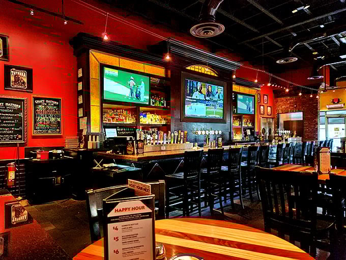 The bar area glows with possibility and craft beer, a beacon for those seeking refuge from shopping bags and empty stomachs.