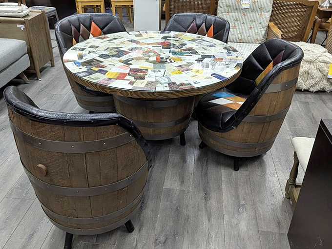 Wine barrel chairs surrounding a table that's basically a scrapbooker's dream come true. Conversation starter? More like conversation dominator!