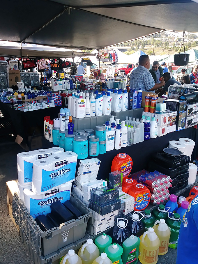 The household essentials booth proves that practical shopping and treasure hunting aren't mutually exclusive—soap never looked so exciting in its natural habitat.