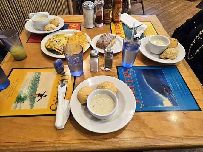 A spread fit for royalty—where biscuits, gravy, eggs, and all the fixings create a breakfast tableau worthy of a still-life painting.