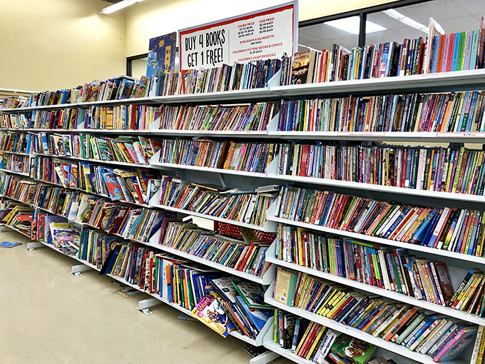 Buy four books, get one free—the sign that's launched a thousand home libraries. Literary treasures await at prices that make bibliophiles weep with joy.