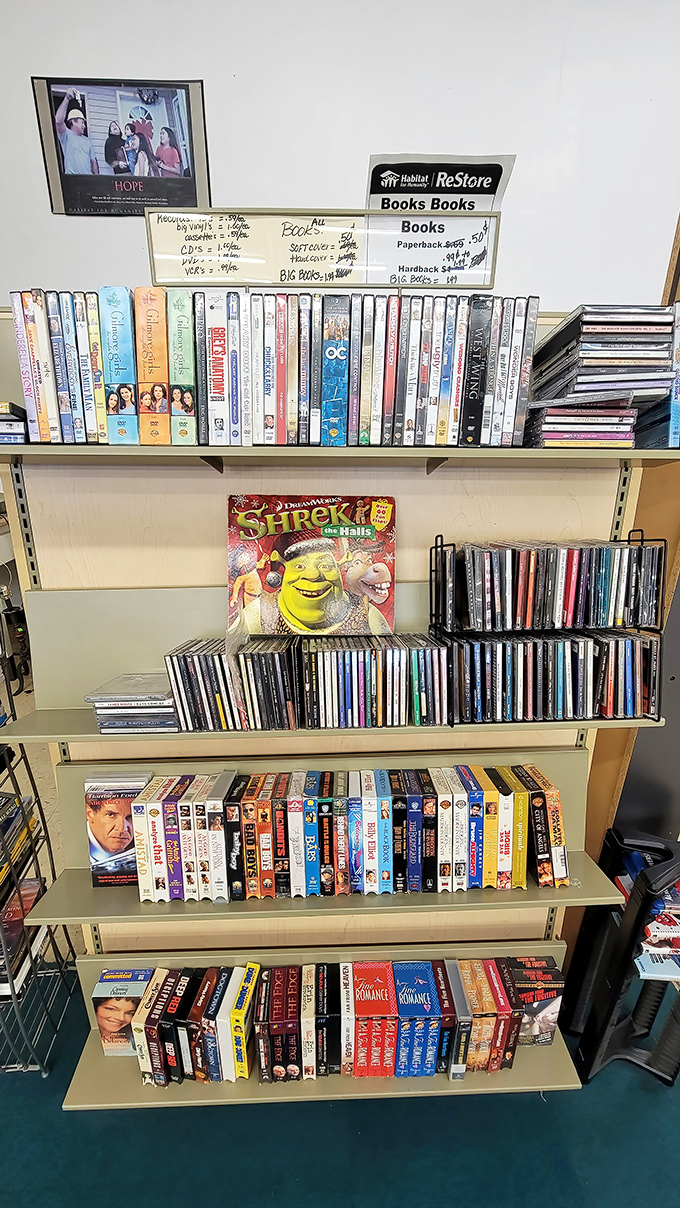 The book section—where Shrek rubs shoulders with Harrison Ford. Your next literary adventure costs less than your morning coffee.