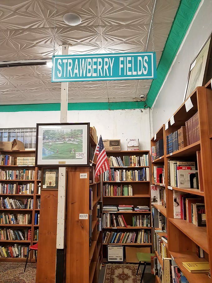 The "Strawberry Fields" book section – where literary treasures wait to be discovered under the watchful gaze of pressed tin stars.