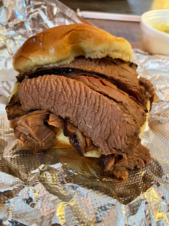 Brisket sandwich architecture that defies physics—somehow managing to be both substantial and delicate. Meat engineering at its finest.