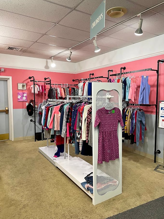 The children's clothing section is a parent's dream—outfits barely worn before growth spurts rendered them too small, now priced for actual human budgets.