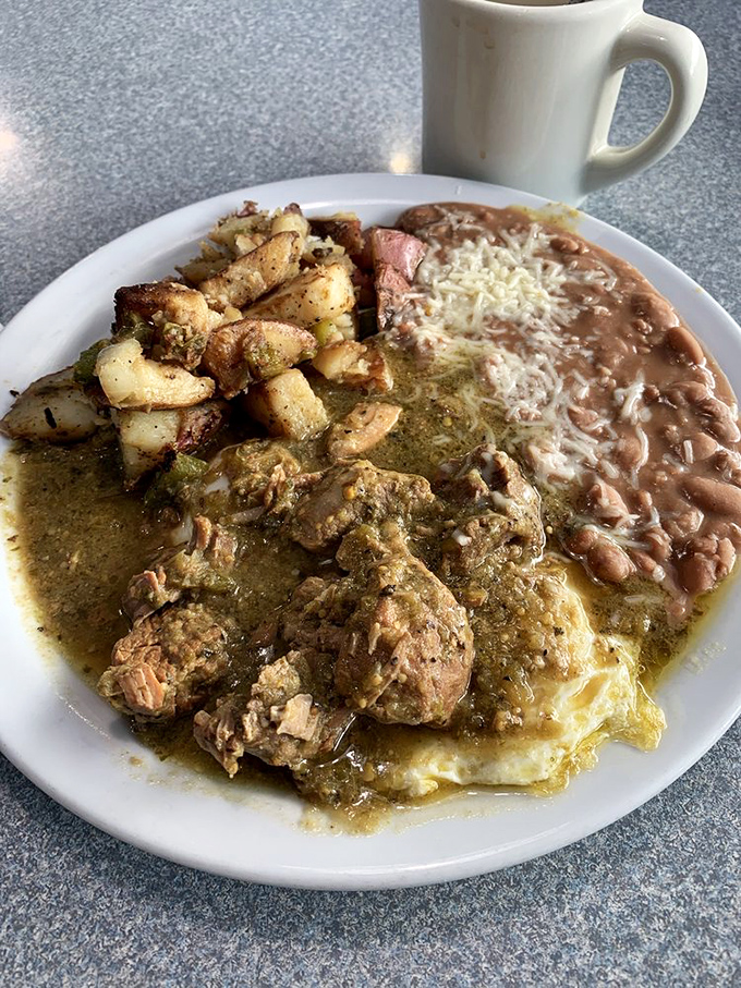 Chili verde that whispers sweet nothings to those seasoned potatoes while beans and rice watch jealously from the sidelines.