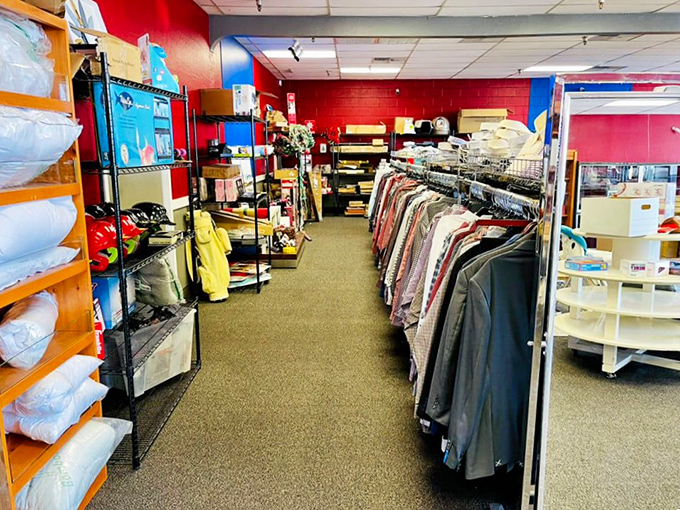 The clothing section: meticulously organized racks that make the hunt for vintage treasures feel less like dumpster diving and more like boutique shopping.