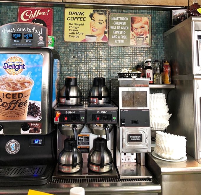 The coffee corner – where vintage signs remind us of simpler times when caffeine was considered a performance-enhancing drug.
