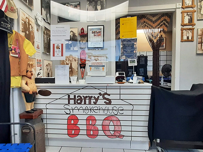 The heart of Harry's operation—where BBQ dreams come true and sauce-stained napkins go to die a noble death.