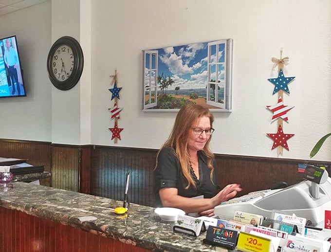 The front counter – where magic begins and bills end. Every great diner experience starts with a friendly face and the promise of coffee refills.