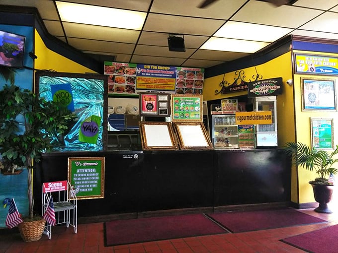 The ordering counter—where dreams begin and diets end. Notice the tropical backdrop continuing the unexpected Cleveland beach theme.