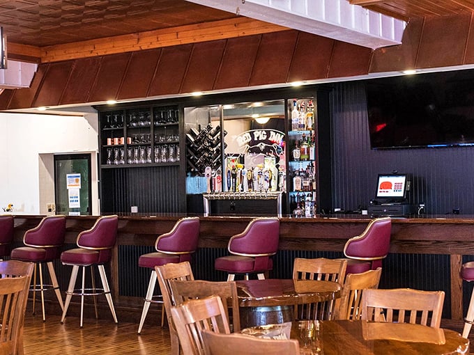 The bar area beckons with the promise of cold drinks and warm conversation—the perfect complement to smoky barbecue.