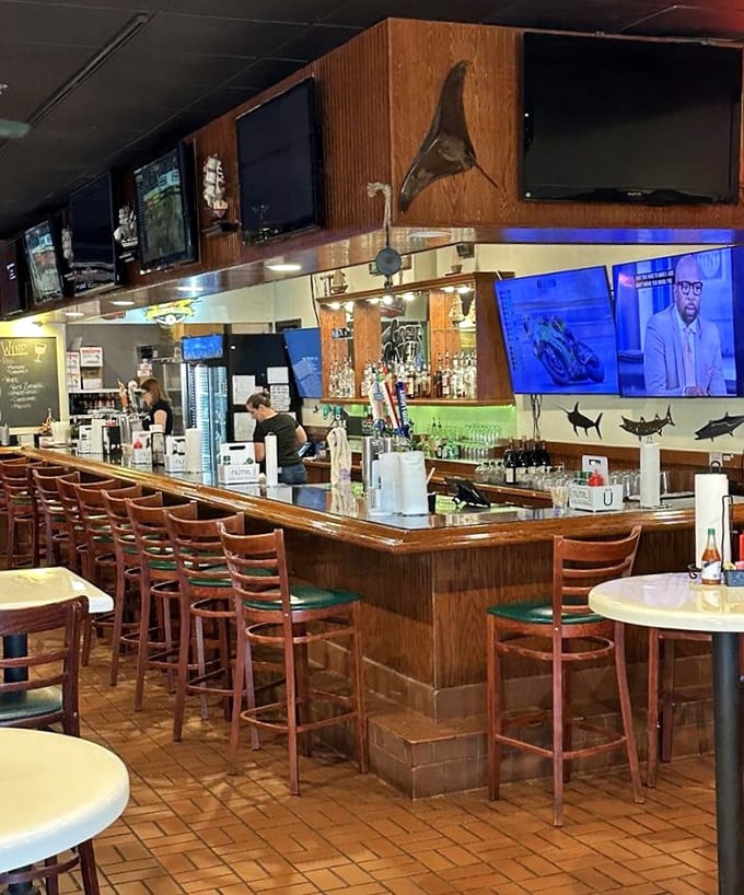 The bar area, where seafood stories get better with each telling and cold beers flow like the tide.