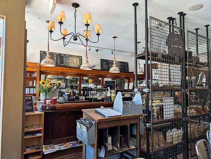 The counter area: part coffee bar, part command center for brunch operations, all bathed in golden light that makes everything look Instagram-ready.