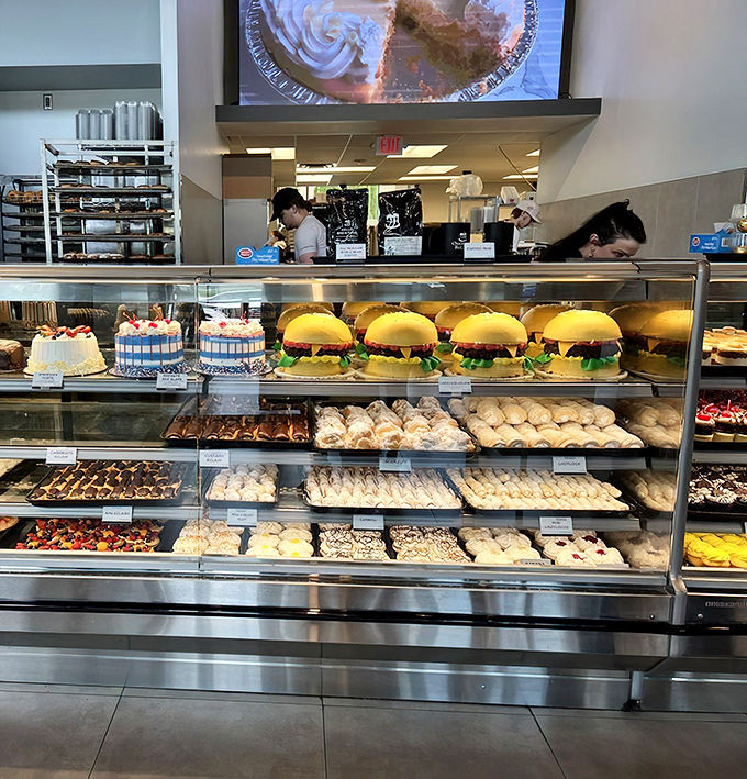 The display case: where diet plans come to die a glorious death. Those burger-shaped cakes prove Oakmont doesn't just bake—they create edible optical illusions.