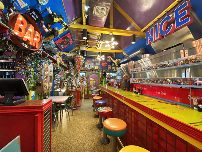 The counter area screams "NICE" in giant letters, which is exactly what you'll say after your first bite. Toys watch your every move.
