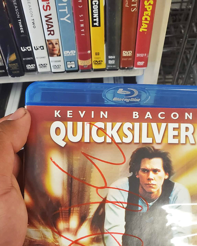 Kevin Bacon's "Quicksilver" on Blu-ray—proof that even Hollywood's six degrees of separation eventually lead to a thrift store shelf.