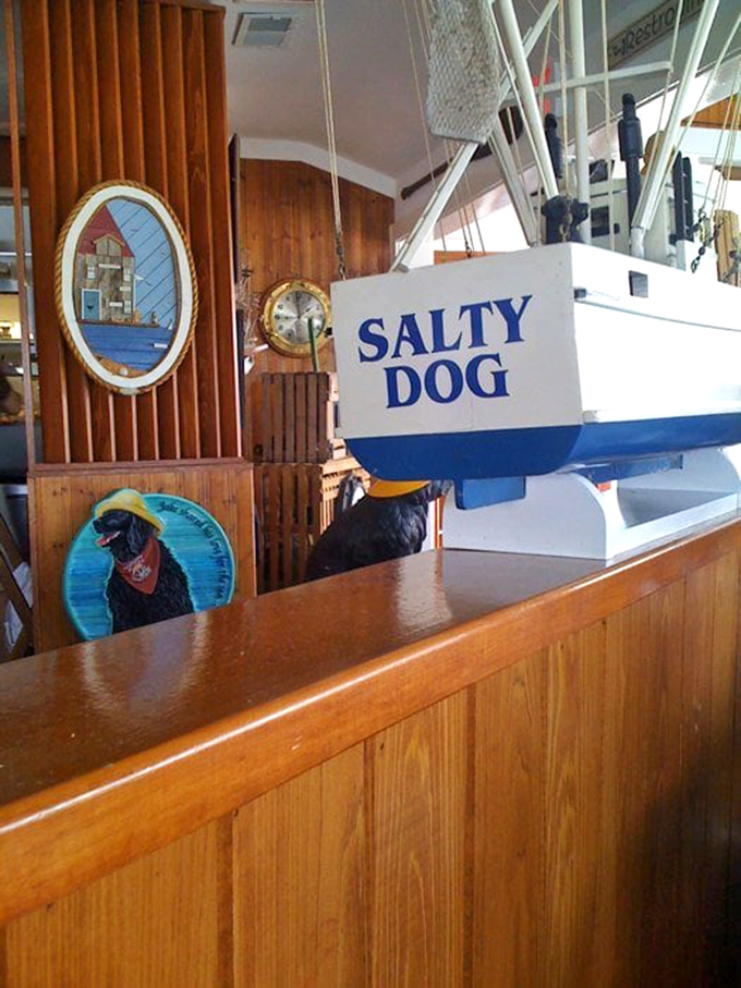 The nautical decor isn't just theme—it's commitment. That model boat isn't for show; it's ready to sail you straight to flavor town.