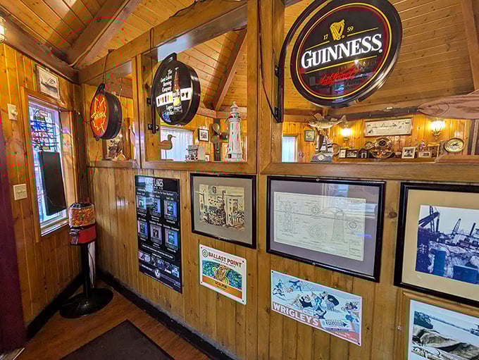 Every inch of wall space tells a story of Great Lakes heritage. The Guinness signs remind us that good fish deserves good beer—a universal truth. 