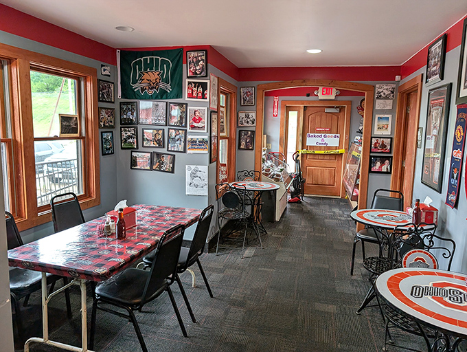 Every inch of wall space celebrates Buckeye history, creating a shrine to Ohio State where the religion is football and the communion is comfort food.
