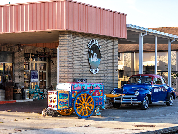 Dixieland Relics pairs vintage wheels with colorful carts – because the best antique shops know presentation is half the fun of the hunt.