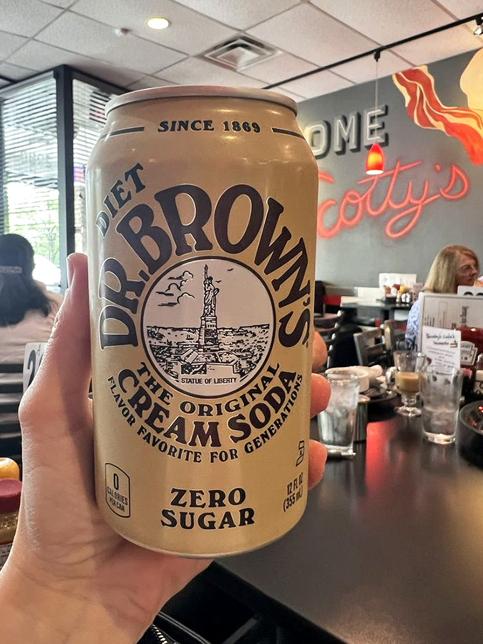 Even the beverages have personality. Dr. Brown's cream soda—the perfect sweet companion to cut through those savory breakfast flavors.