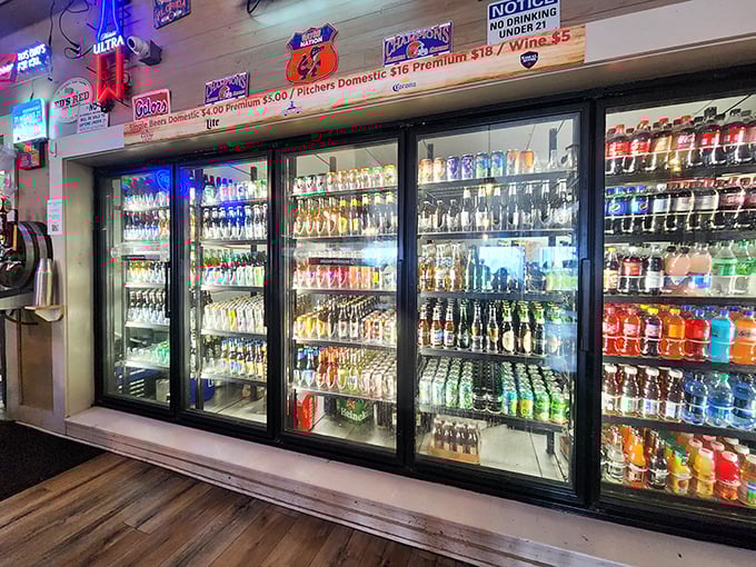 The beverage selection rivals some dedicated bars – because nothing complements fresh seafood like an ice-cold drink and zero pretension.