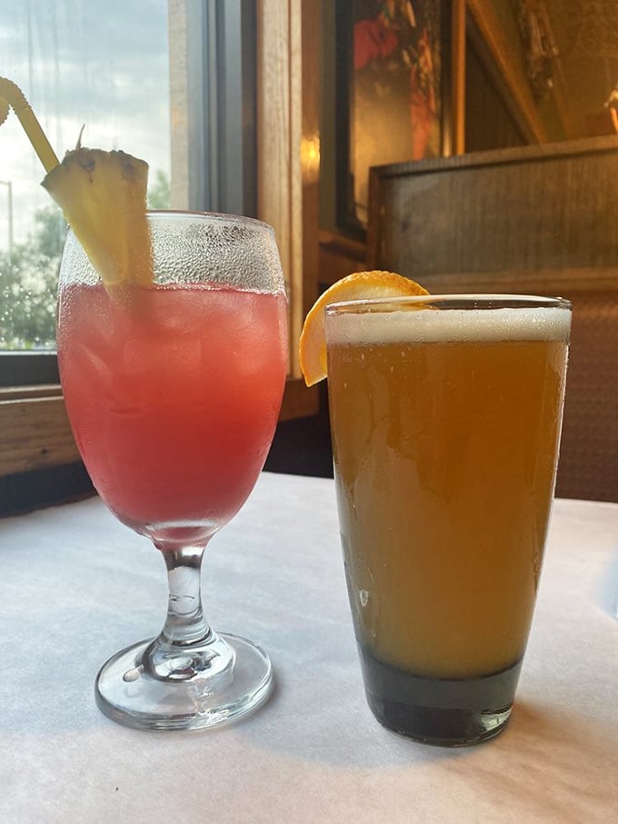 These drinks aren't just beverages, they're vacation in a glass—one tropical, one amber, both promising a good time.