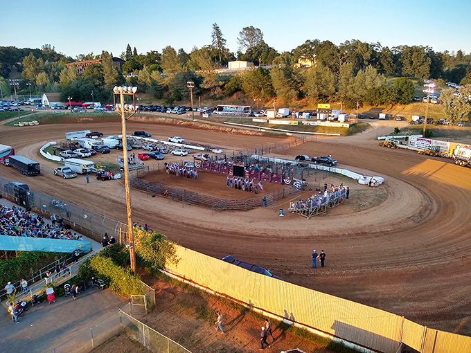 The El Dorado County Fairgrounds transforms into a racetrack, proving Placerville knows how to balance peaceful days with occasional adrenaline-pumping weekend entertainment.