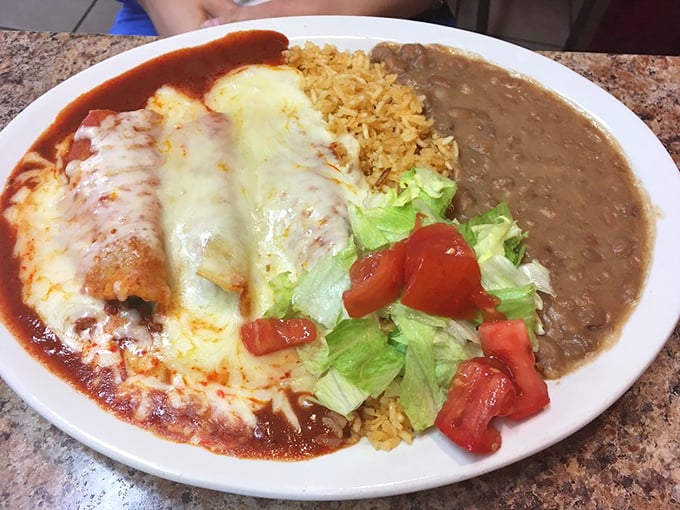 The three-part harmony of this plate—enchilada, rice, and beans—creates a symphony of flavors that would make Mozart weep with jealousy.