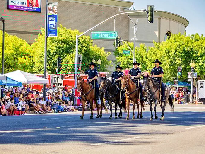 Community parades showcase Modesto's small-town charm with mounted police officers. Norman Rockwell couldn't have painted a more quintessentially American scene.