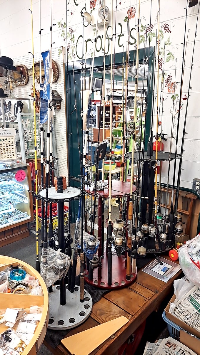 The fishing equipment corner—where tales of "the one that got away" grow bigger with each passing rod. A shrine to patience and exaggeration!