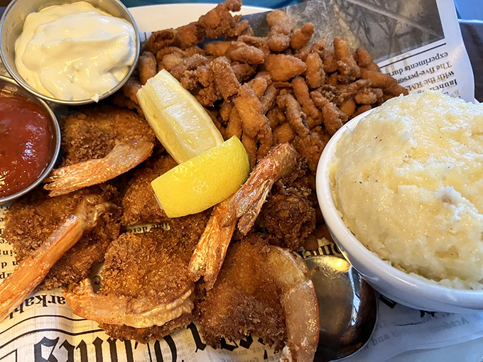 A seafood feast fit for Neptune himself—crispy shrimp and tender clams with mashed potatoes and all the proper dipping accoutrements.