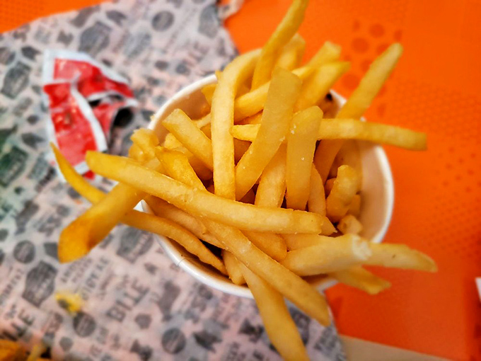 French fries so perfectly golden they belong in Fort Knox. Simple, crispy, and utterly irresistible – the supporting actor that steals the show.