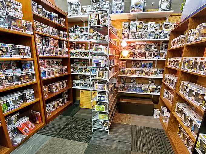 Pop culture heaven for collectors – walls of boxed figurines create a colorful shrine to movies, TV shows, and characters that defined generations.
