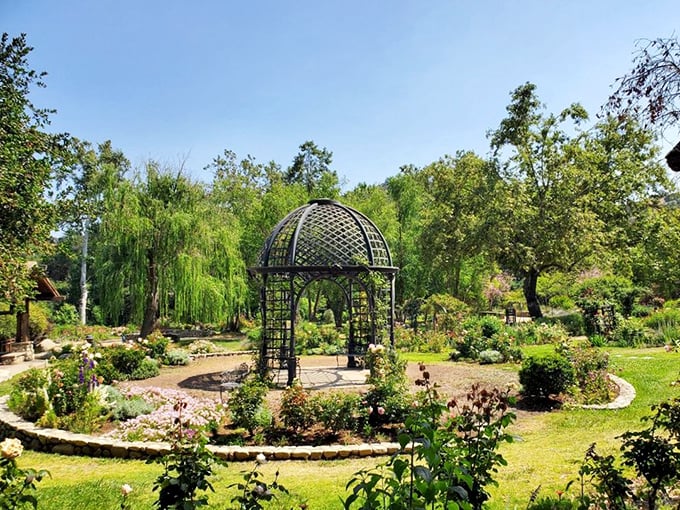 A garden gazebo that looks like it's waiting for a romantic comedy scene. The perfect spot for proposals, poetry readings, or pretending you're in a Jane Austen novel.