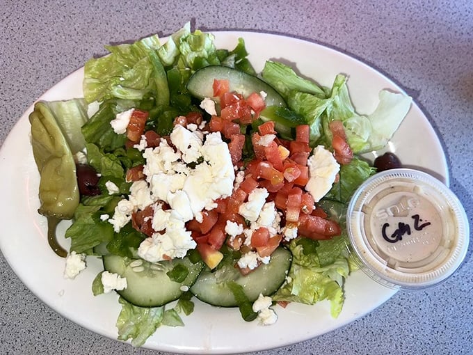 This Greek salad, with its bright tomatoes and creamy feta, is like Florida sunshine translated into lunch form.