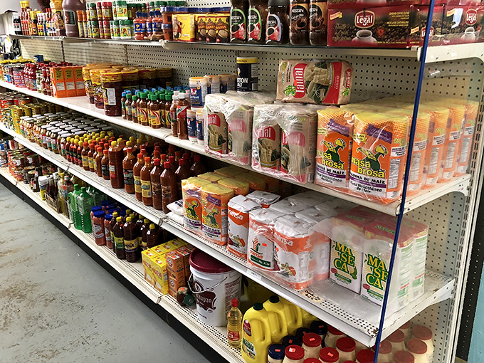 The international grocery aisle—where homesickness is cured one familiar bottle at a time. Every sauce tells a story of someone's grandmother's kitchen.