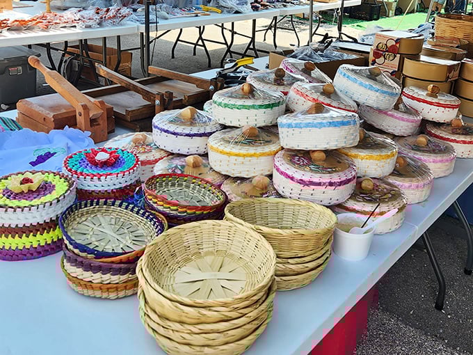 Handwoven baskets in rainbow hues showcase traditional craftsmanship that puts mass-produced storage solutions to absolute shame.