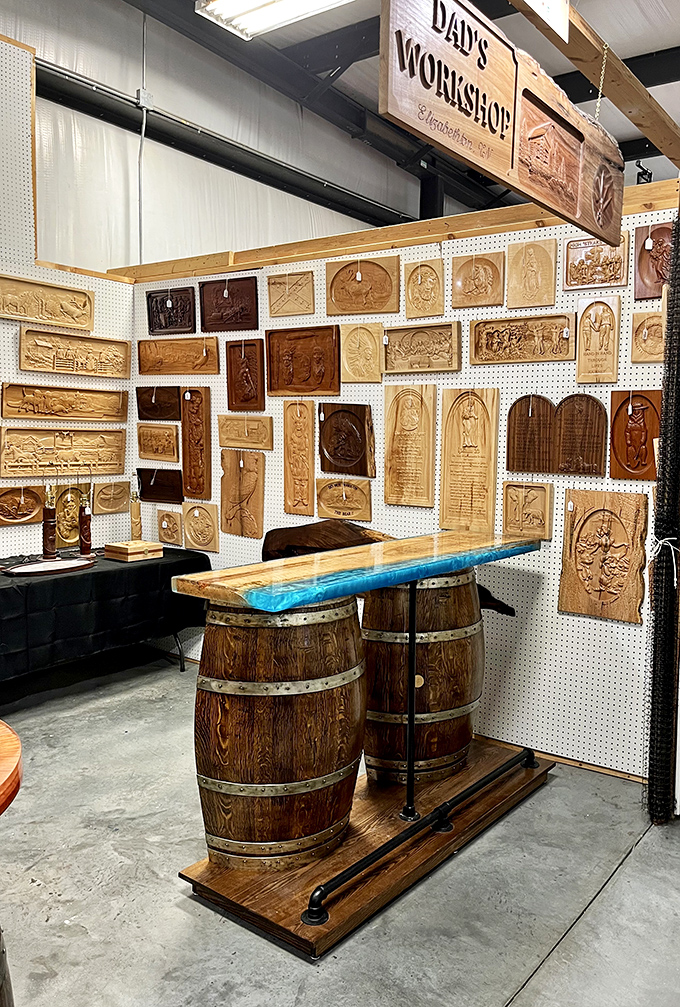"Dad's Workshop" showcases Tennessee craftsmanship at its finest. Those hand-carved wooden reliefs transform stories into tactile art you can touch.