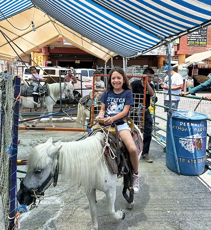 Childhood joy captured in motion—this pony ride brings the county fair experience to an urban marketplace, complete with blue-jeaned smiles.