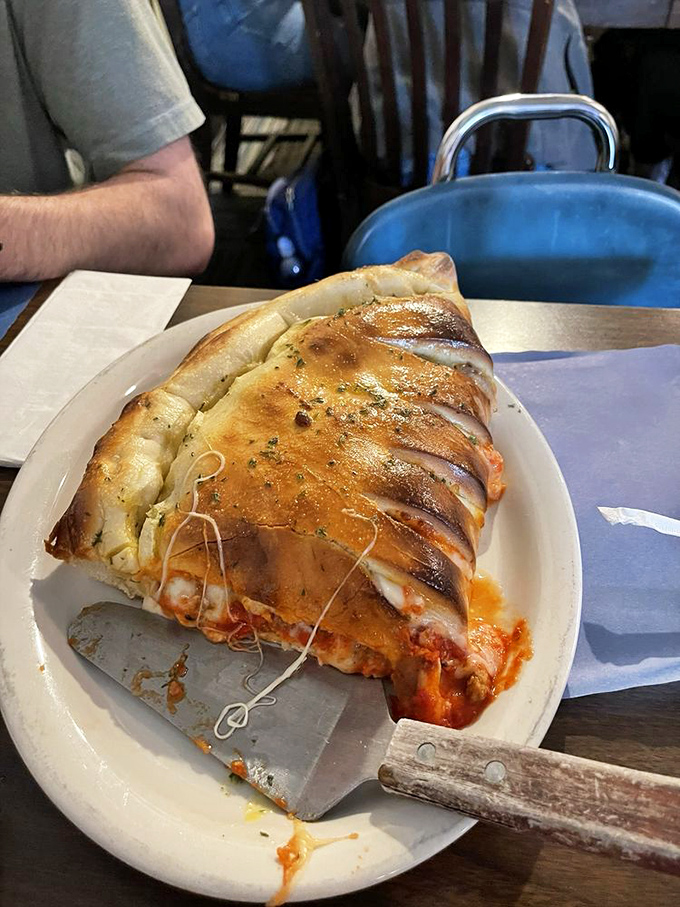 This isn't just a calzone—it's a golden-brown fortress protecting a treasure of cheese, sauce, and fillings. Worth the 45-minute wait.