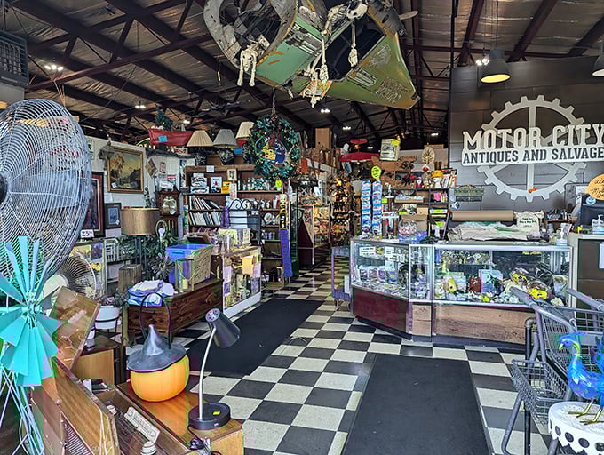 An organized chaos of nostalgia where airplane parts hang from the ceiling and treasures beckon from every corner.